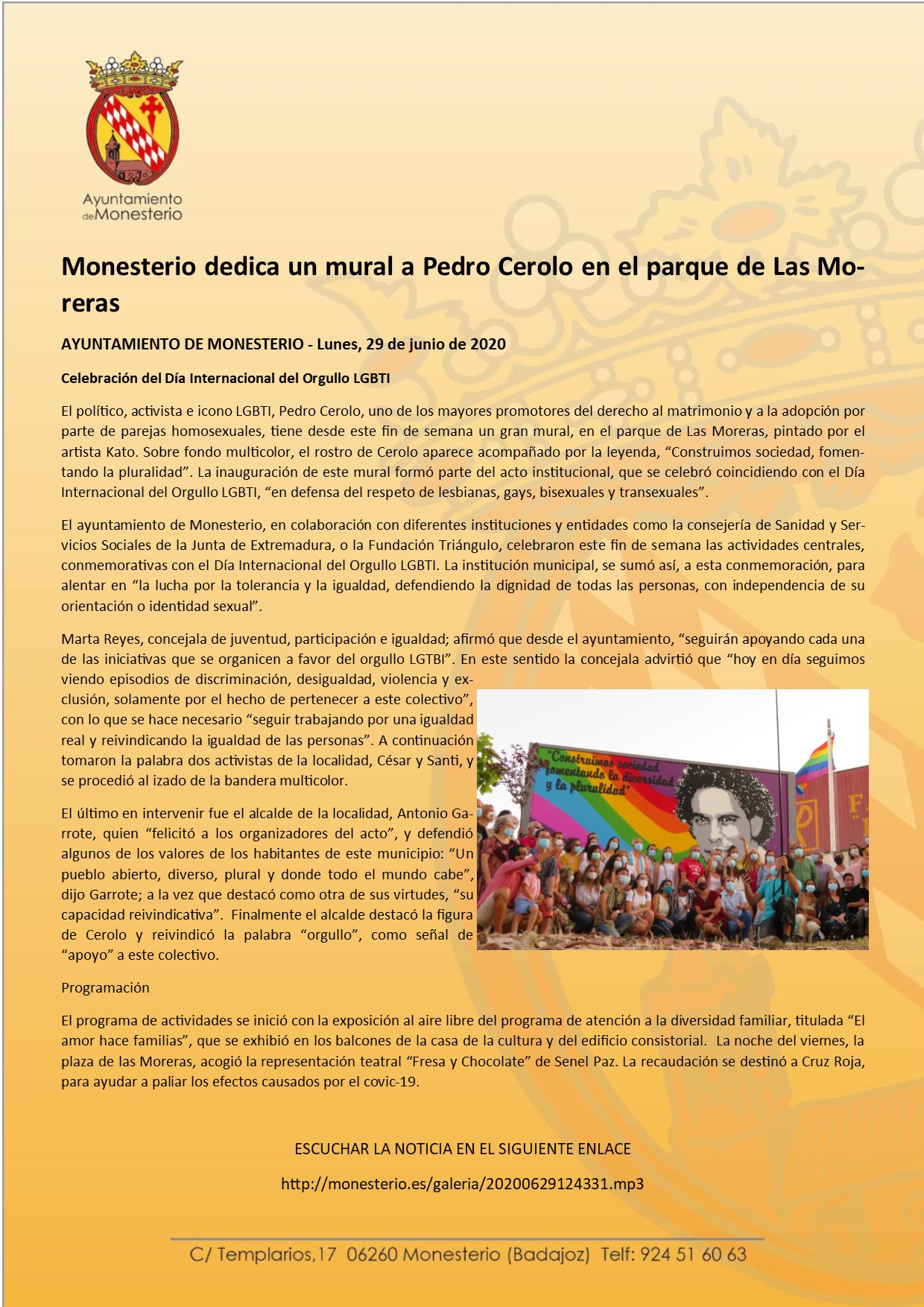 Monesterio dedica un mural a Pedro Cerolo en el parque de Las Moreras