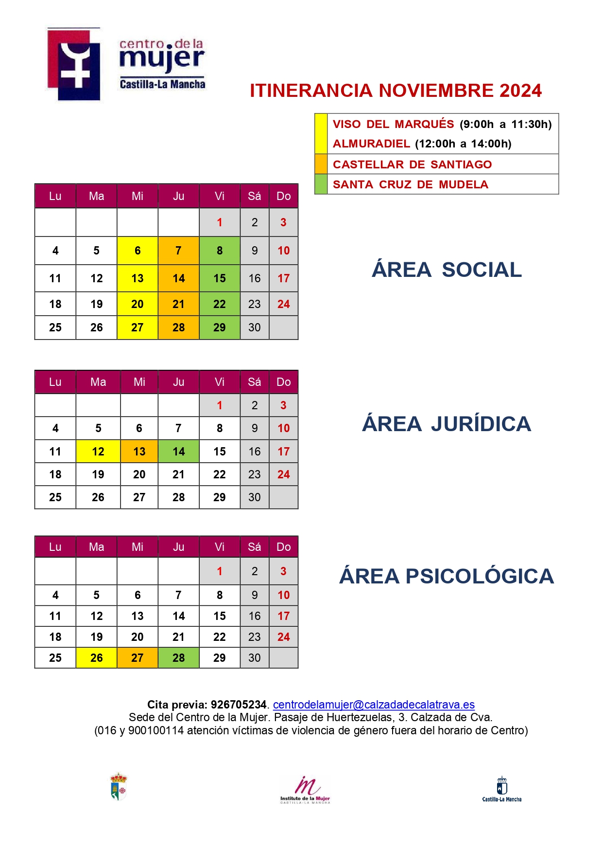ITINERANCIAS CENTRO DE LA MUJER MES DE NOVIEMBRE 2024