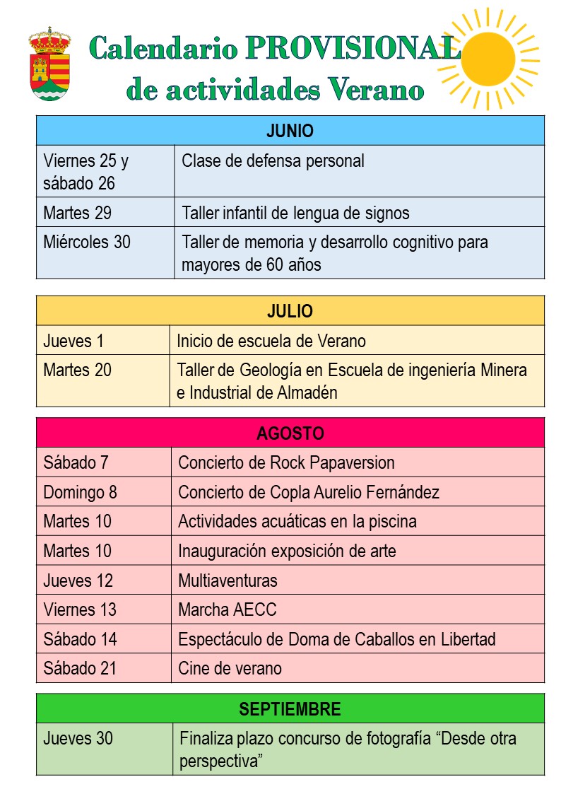 Calendario de actividades provisional de Verano 2021