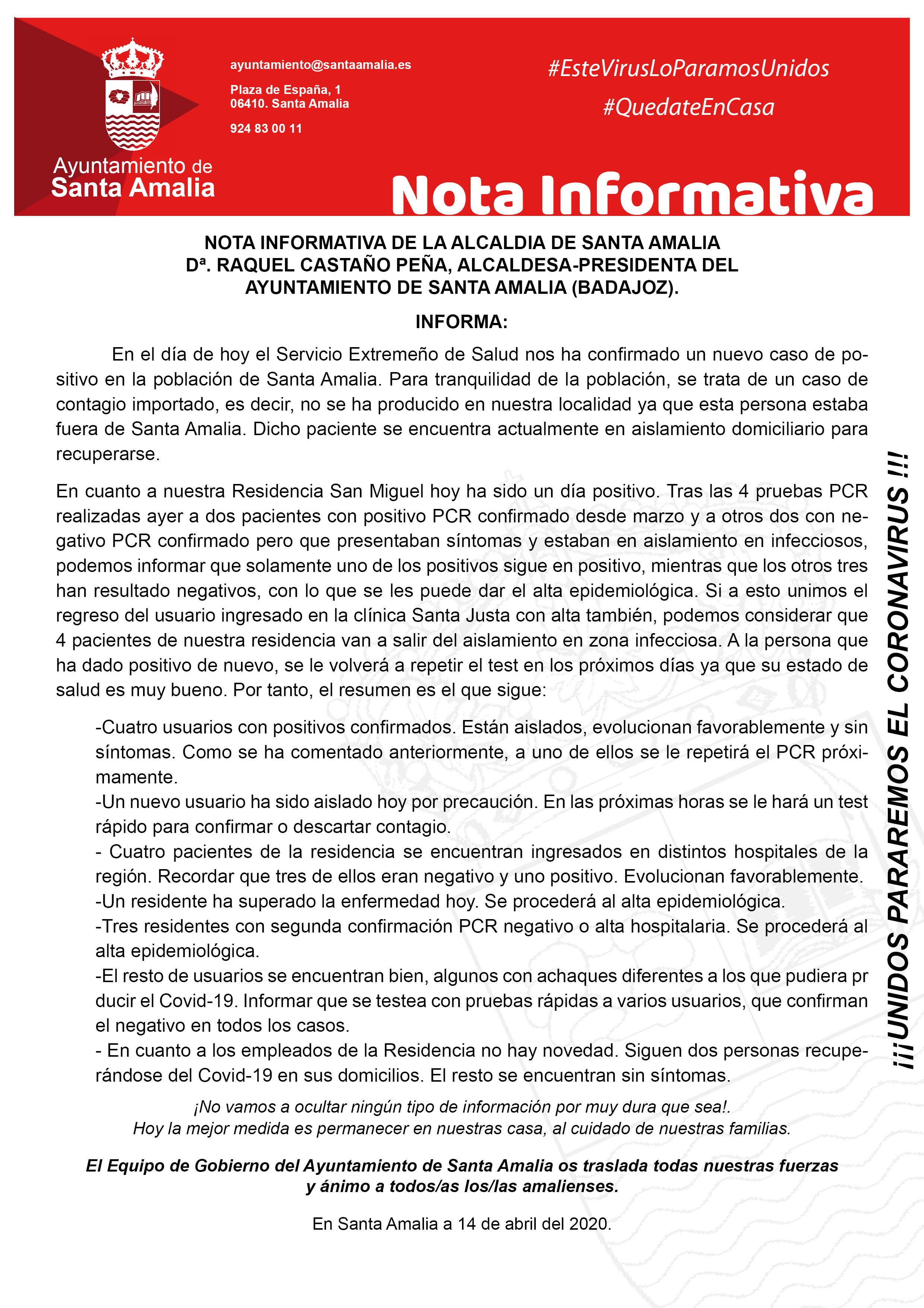 Nota Informativa (COVID-19) - Martes 14 de abril del 2020.