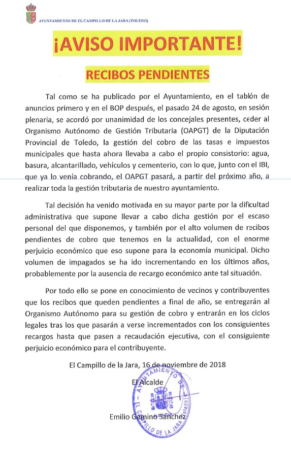 AVISO IMPORTANTE, ÚLTIMO PLAZO DEL AÑO RECIBOS PENDIENTES!!!