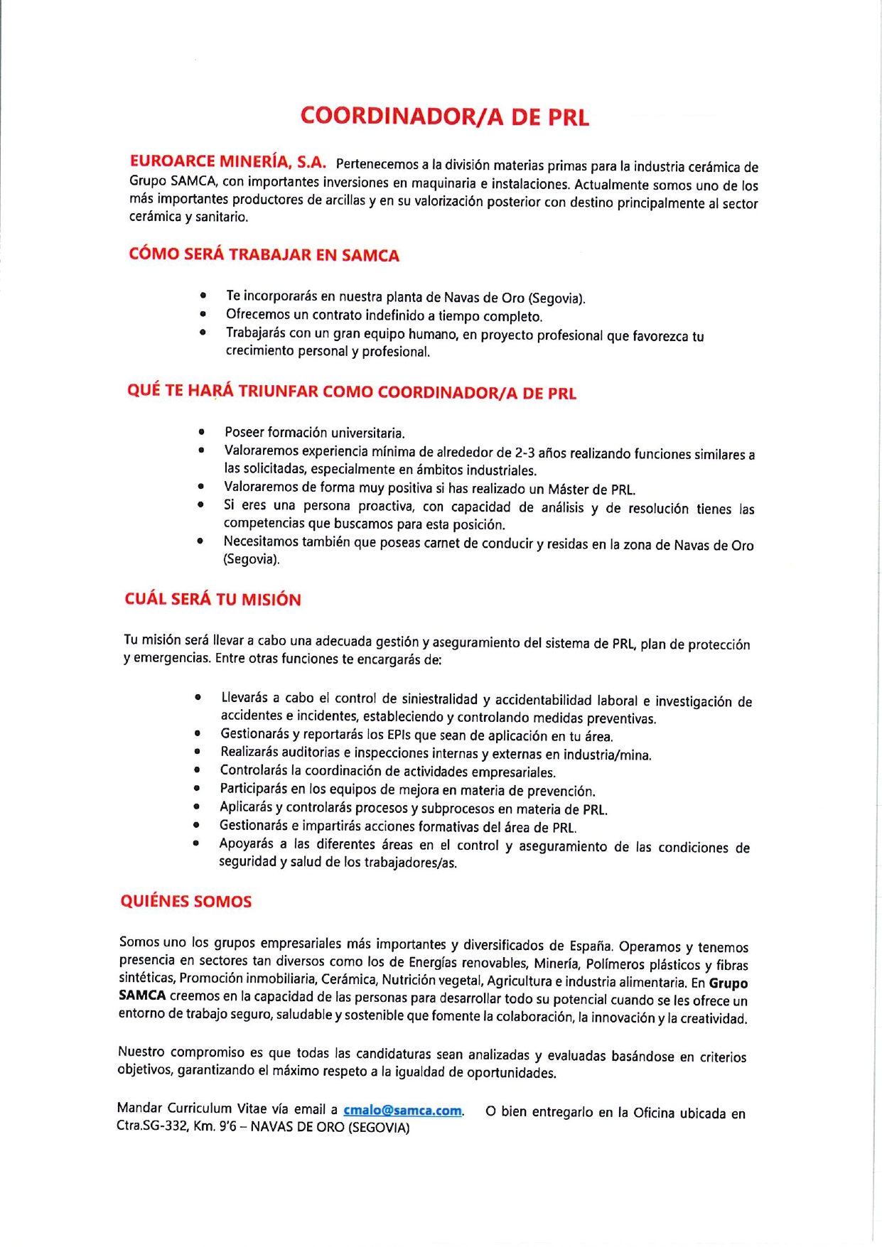 OFERTA DE EMPREO - COORDINADOR/A DE PRL (PREVENCION DE RIESGOS ...